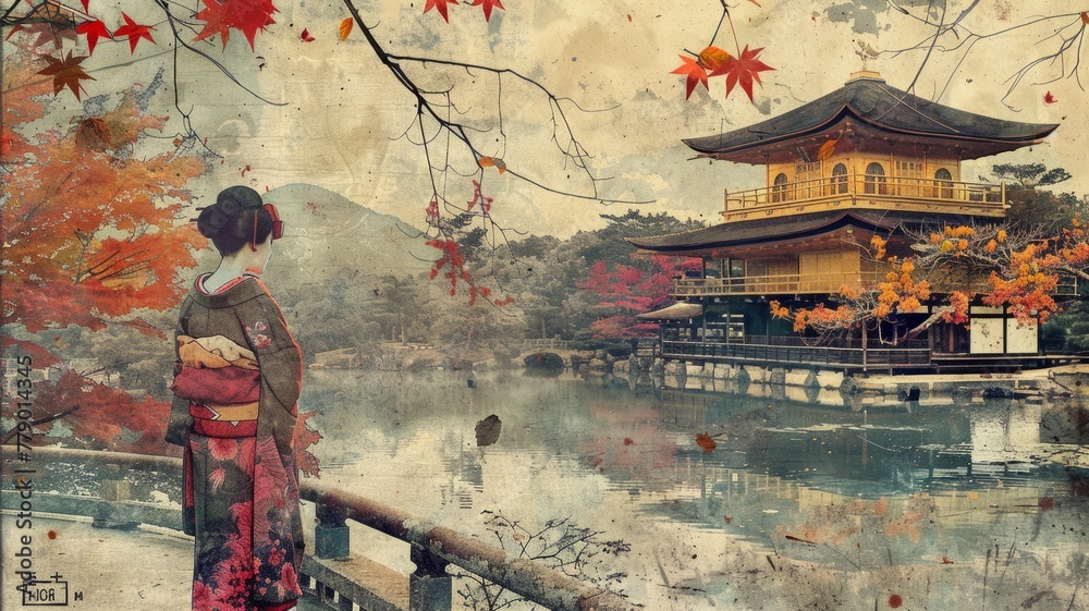 Vintage Japanese scene with woman in kimono - A woman in traditional ...