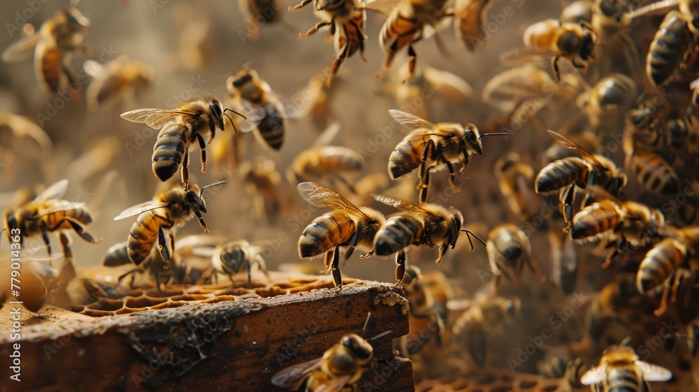 Swarm of bees hovering around beehive - A busy swarm of bees buzzing ...