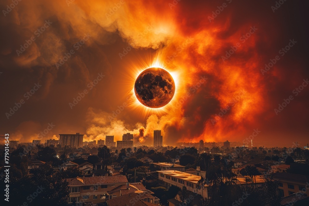 A solar eclipse over a cityscape where the Moon blocks out the Sun ...