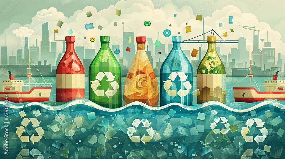 An abstract illustration of the cycle of a bottle through different ...