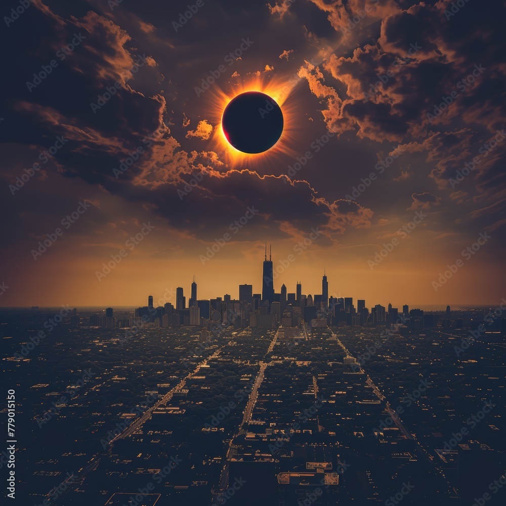 A solar eclipse over a cityscape where the Moon blocks out the Sun ...