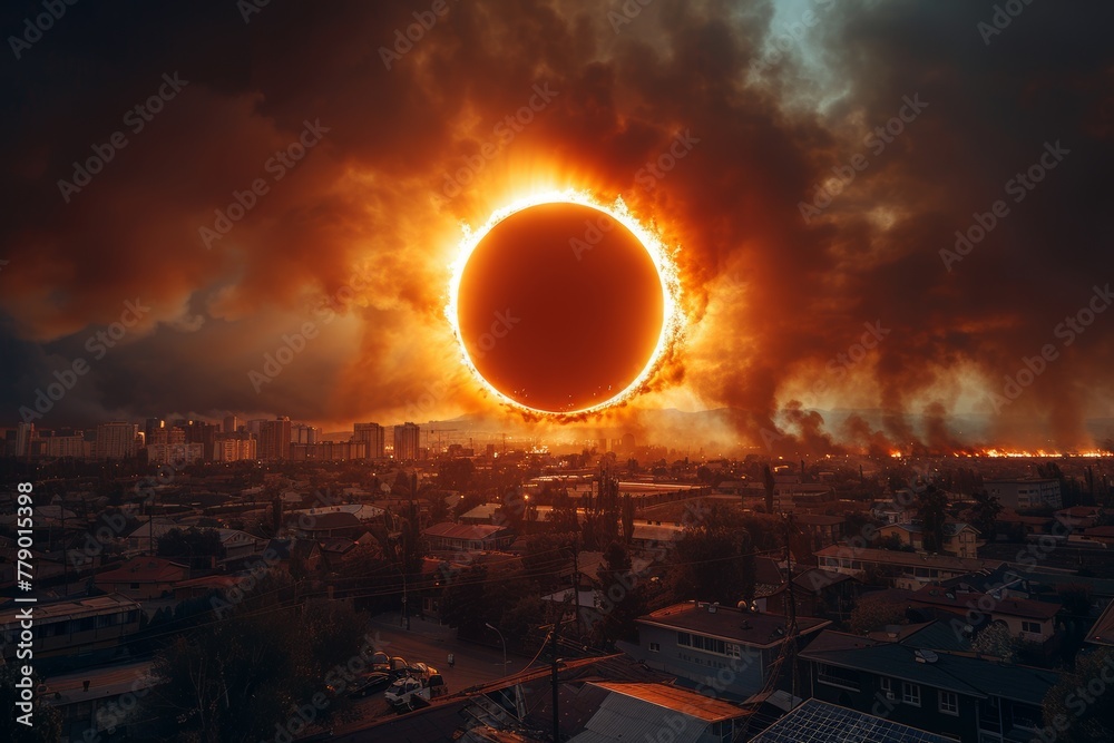 A solar eclipse over a cityscape where the Moon blocks out the Sun ...