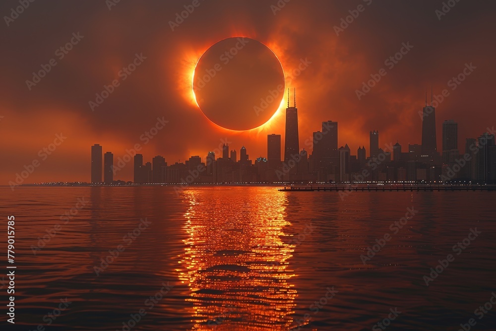 A solar eclipse over a cityscape where the Moon blocks out the Sun ...