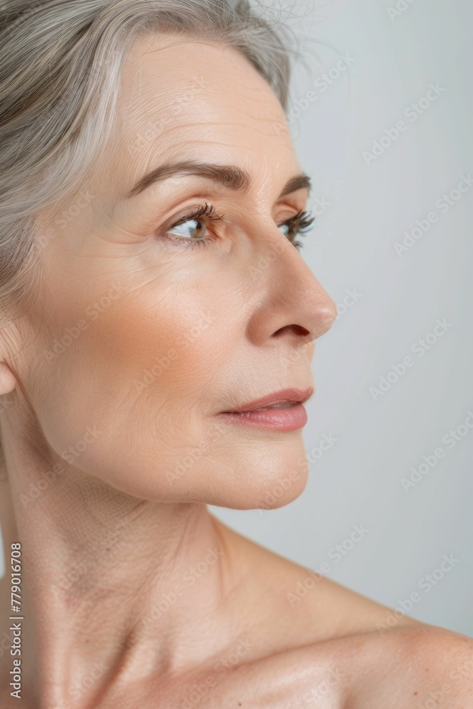 Woman over 50 years old. Face 3/4 close up on white background. Mature ...