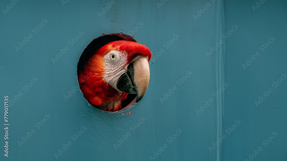 Putziger Papagei schaut durch Wand mit Platzhalter für Zoo und Züchter ...