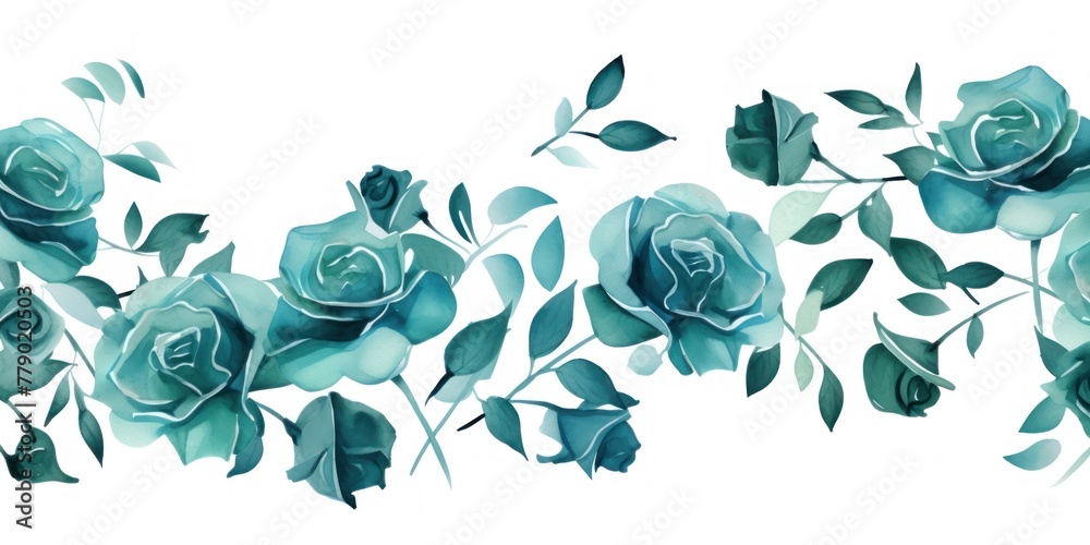 Teal roses watercolor clipart on white background, defined edges floral ...