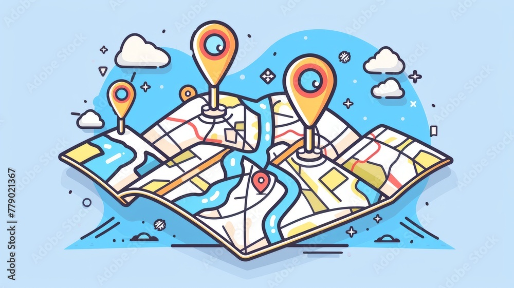 Colorful cartoon map with GPS location pins - Bright and playful ...
