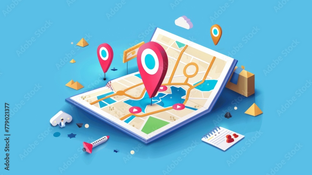 Open book with colorful 3D map and location pins - Creative 3D ...