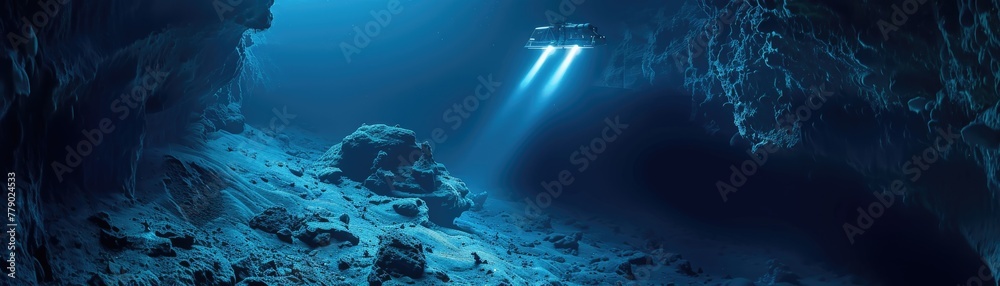 Realistic image of a deep-sea trench, with faint lights from a ...