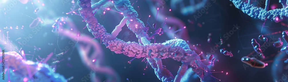 Hyper-realistic scene inside a cell nucleus, showing the vibrant ...