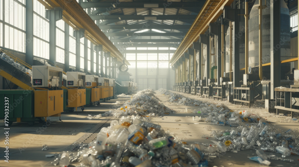 A modern plastic recycling plant with sorting machines and shredders ...