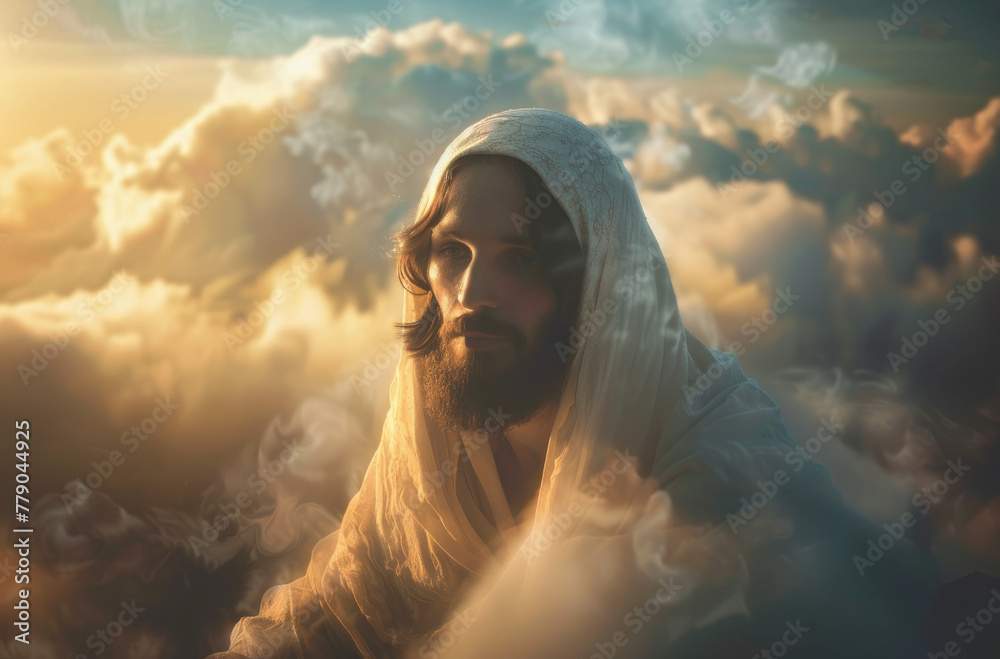 Jesus Christ, in the clouds of heaven with soft lighting, looking at ...