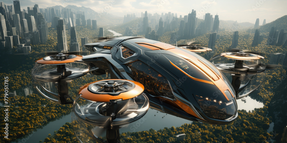 Modern future flying taxi. Unmanned aerial vehicle. Aero taxi over ...