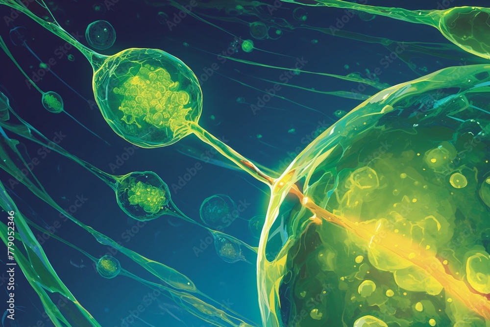 Secretory vesicle releasing contents, bright spotlight, side angle ...