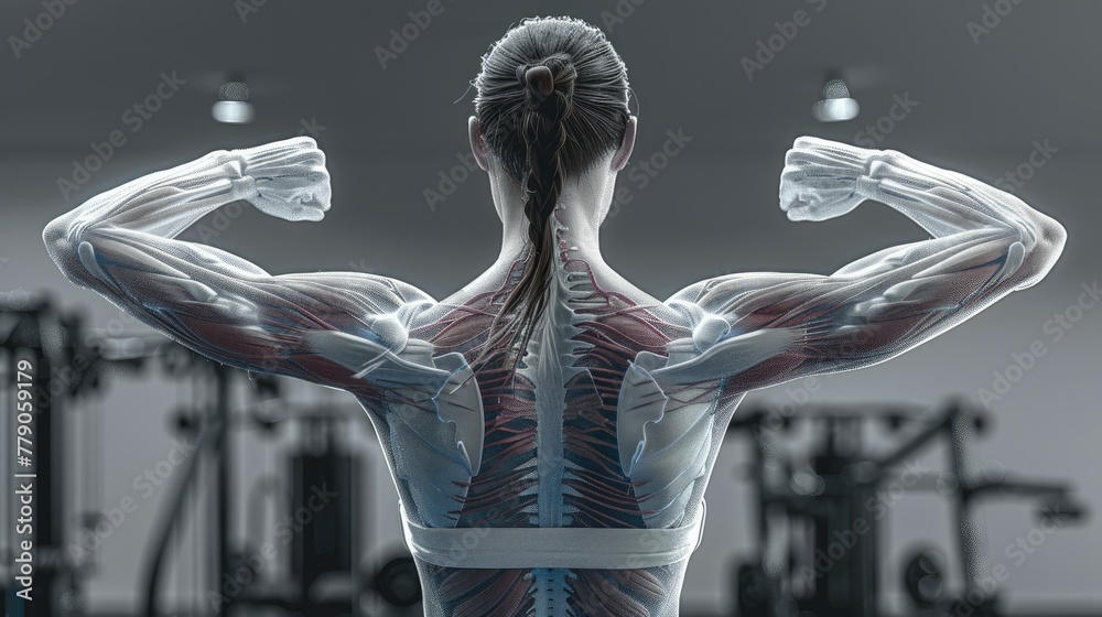 Rear view. Full body 3D rendering of a woman training in the gym From ...