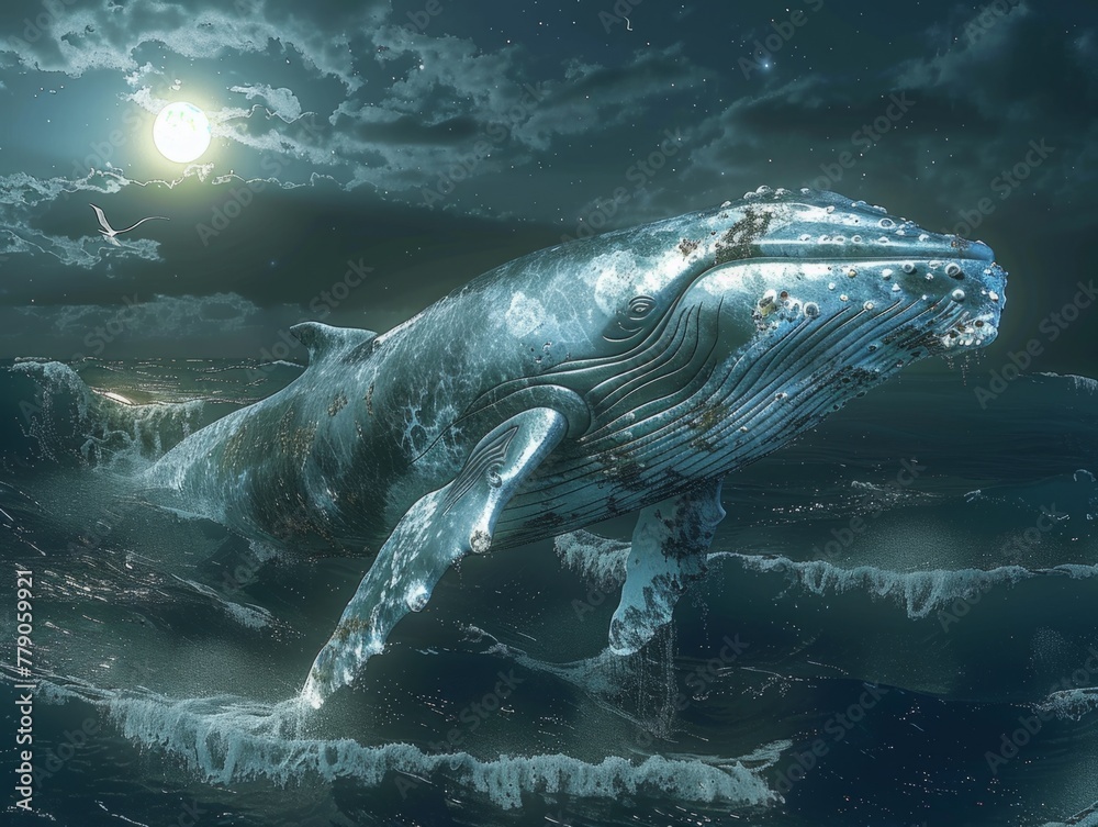 Whale under moonlight in a starry night sky - A majestic whale swims ...