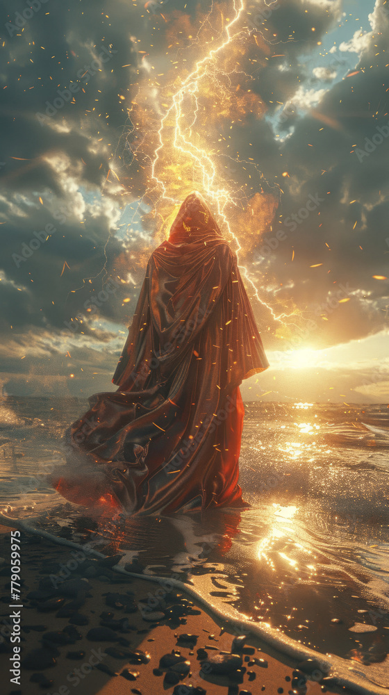 Mystical figure with lightning at shore - A mesmerizing image captures ...