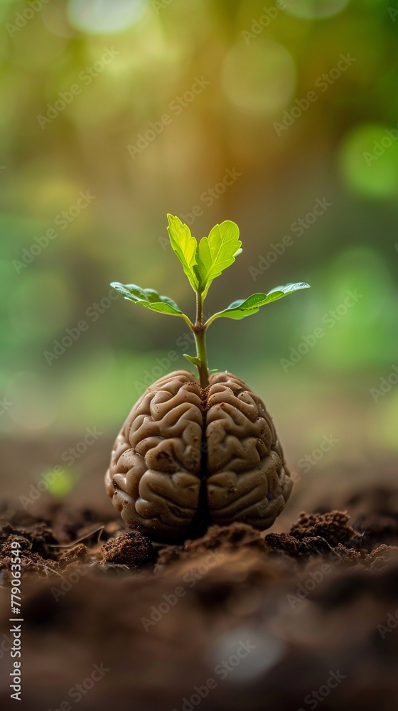 A small plant is growing out of a brain. Concept of growth and ...