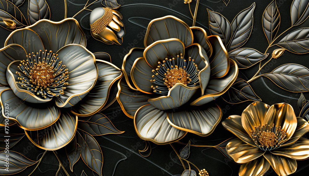 Elegant black and gold floral wallpaper design featuring stylized ...
