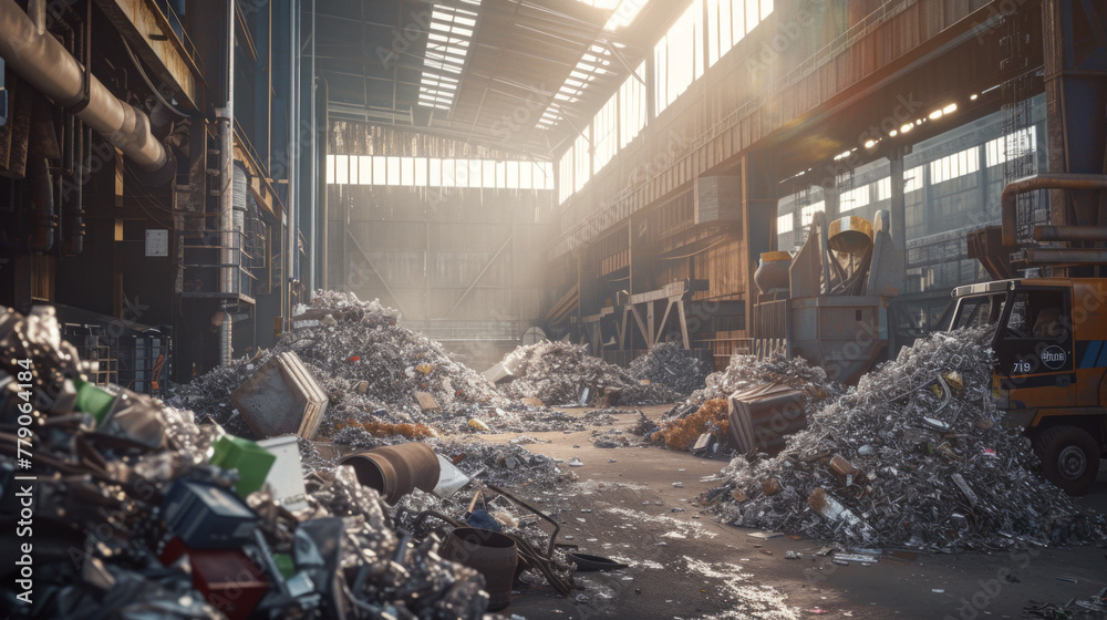 A bustling metal recycling facility with sorting lines and melting ...
