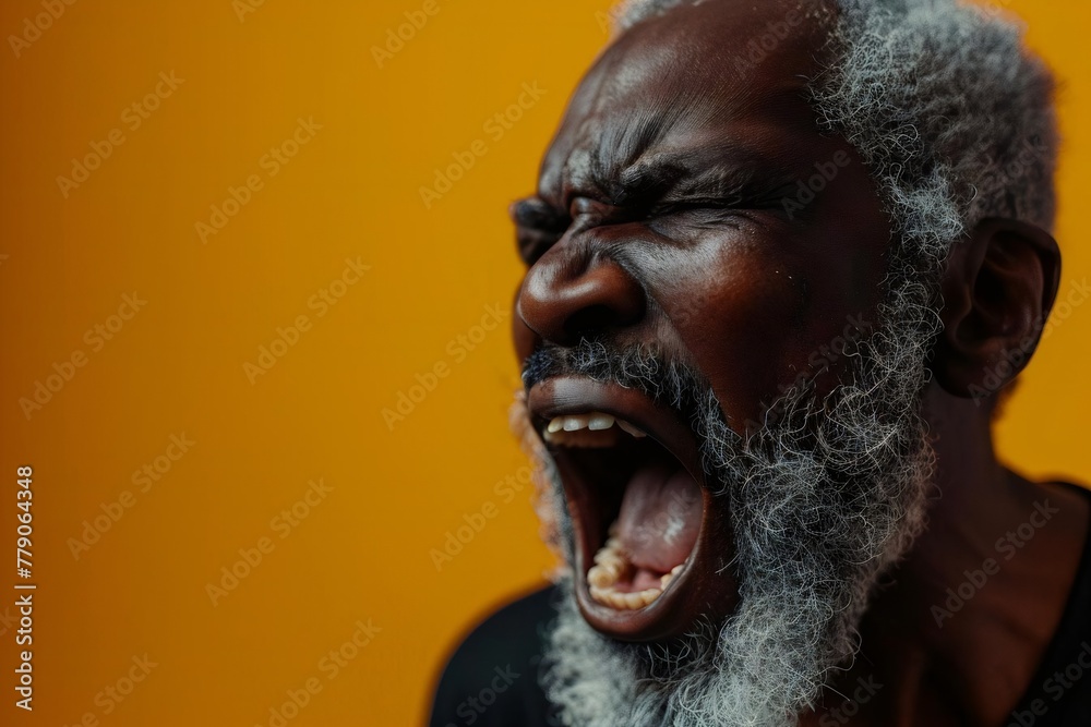 Expression of furious, enraged afro man with grumpy grimace on his face ...