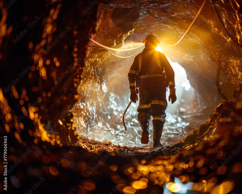 Firefighter in action inside a glowing cave - Dramatic scene of a ...