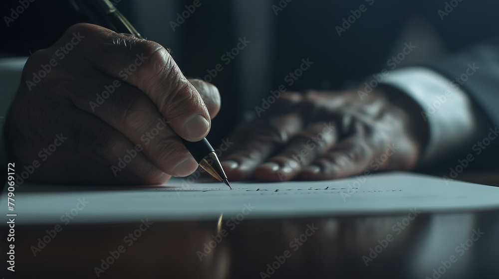 A man is writing with a pen on a piece of paper. Concept of importance ...