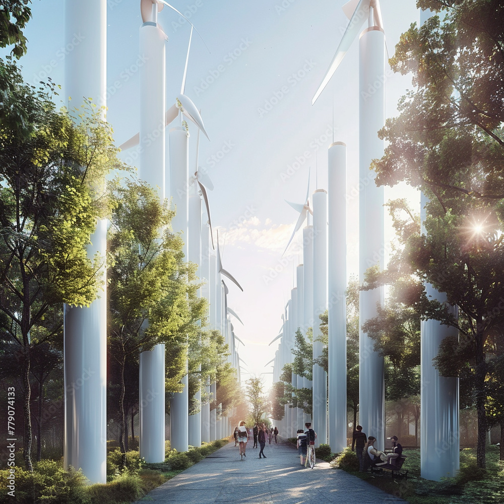 Vertical axis wind turbines integrated into an urban park, blending ...
