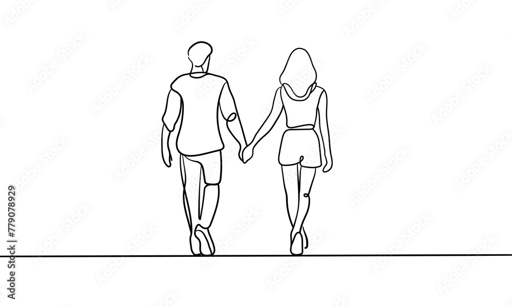 Man and girl walk holding hands continuous line art drawing isolated on ...