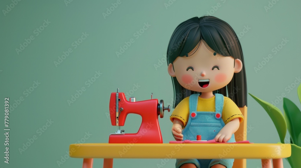 Little girl enjoys learning to sew with bright red toy sewing machine ...