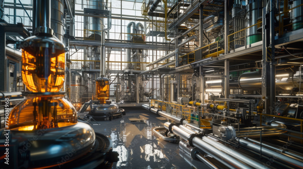 A bustling chemical process engineering lab with distillation columns ...