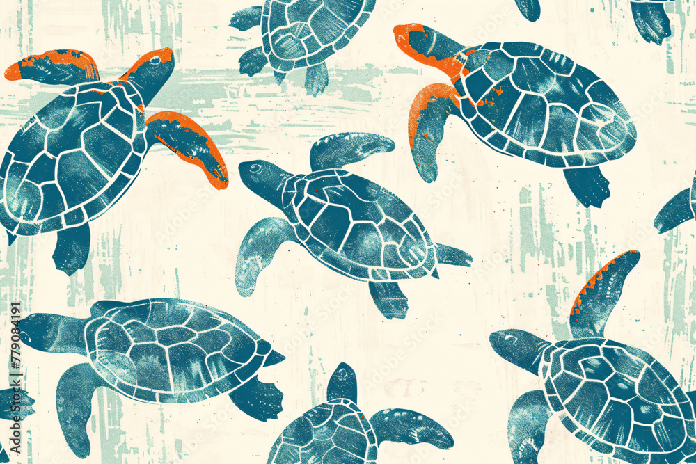 Seamless pattern of sea turtles on a distressed background. Ocean life ...