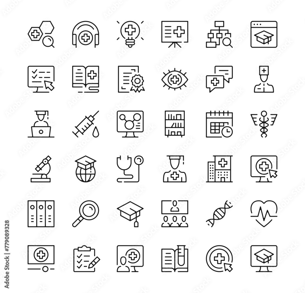 Medical education icons set. Vector line icons. Black outline stroke ...