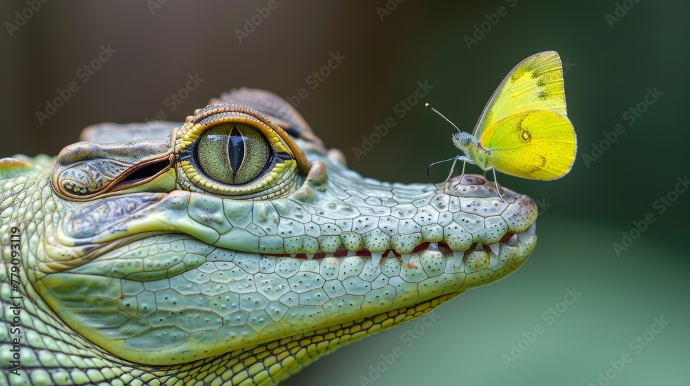 Young alligator in aquatic vegetation and butterfly Concept ...