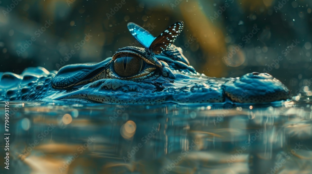 Young alligator in aquatic vegetation and butterfly Concept ...