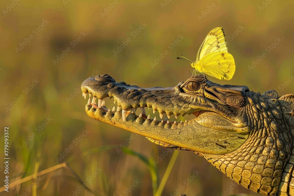 Young alligator in aquatic vegetation and butterfly Concept ...
