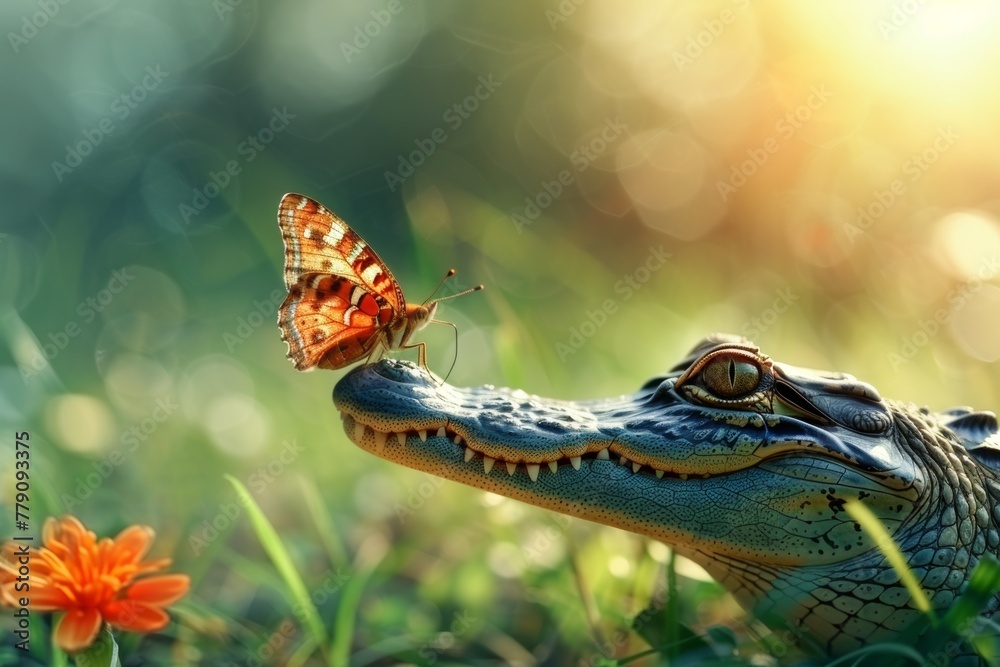 Young alligator in aquatic vegetation and butterfly Concept ...