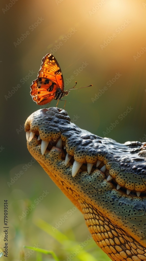 Young alligator in aquatic vegetation and butterfly Concept ...