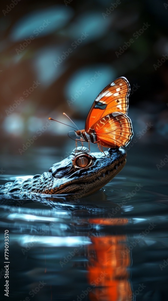 Young alligator in aquatic vegetation and butterfly Concept ...