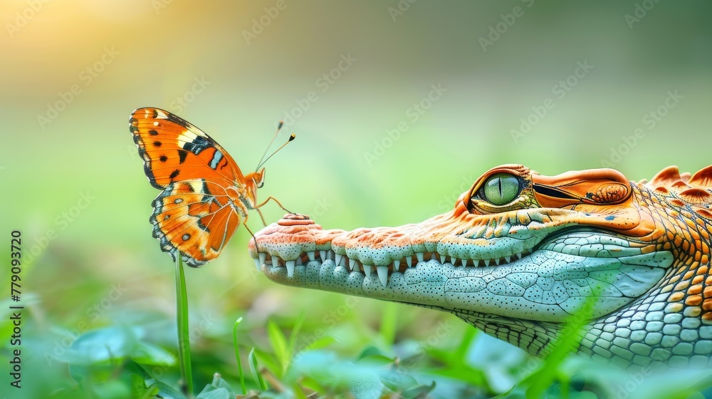 Young alligator in aquatic vegetation and butterfly Concept ...