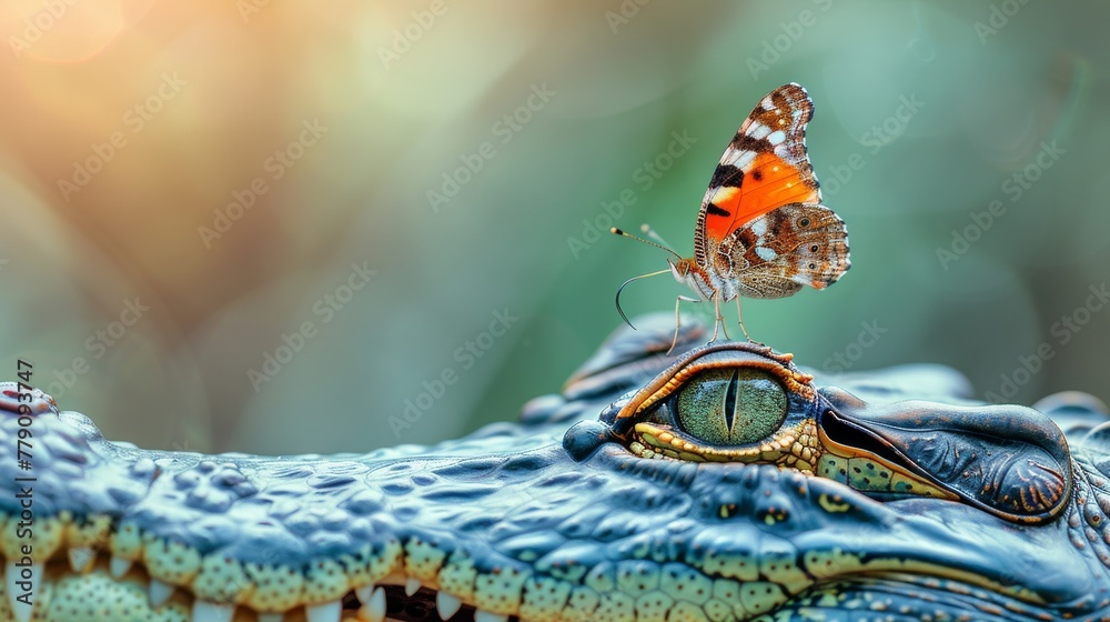 Young alligator in aquatic vegetation and butterfly Concept ...