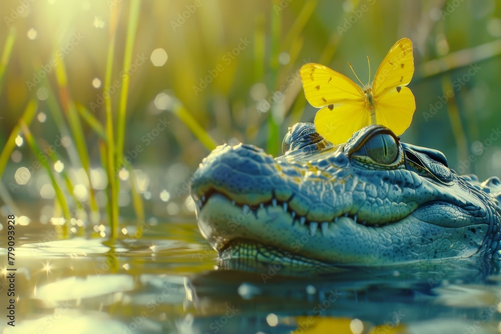 Young alligator in aquatic vegetation and butterfly Concept ...