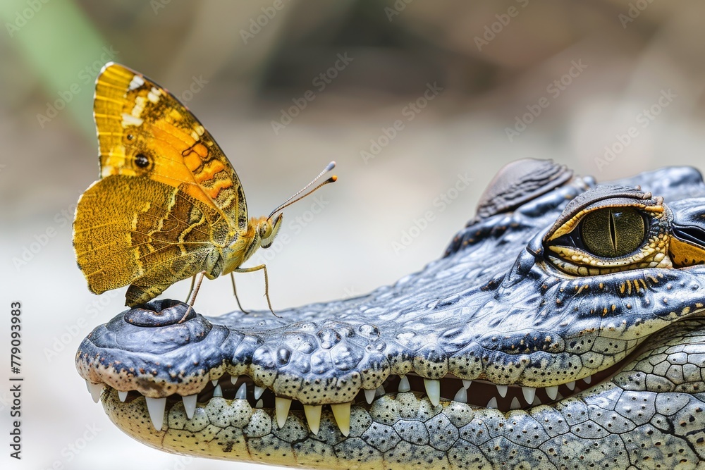Young alligator in aquatic vegetation and butterfly Concept ...