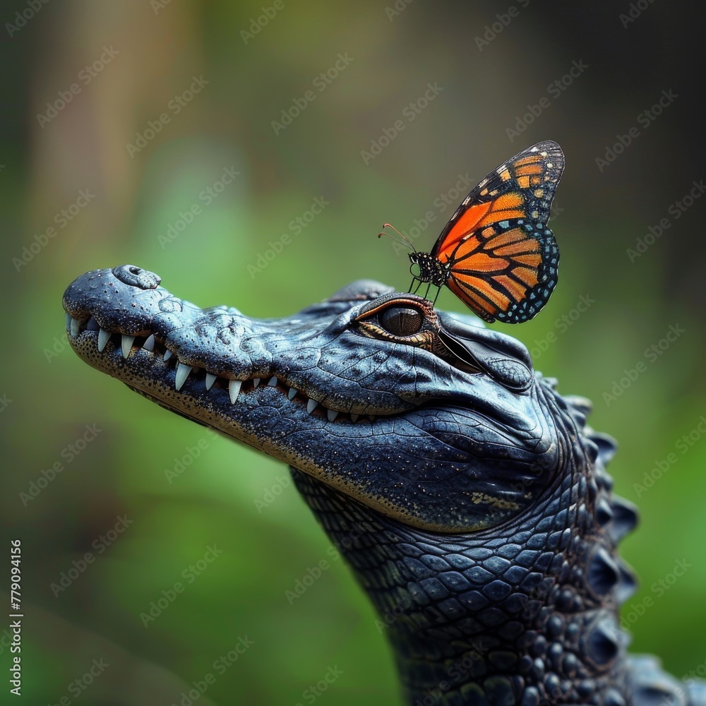 Young alligator in aquatic vegetation and butterfly Concept ...