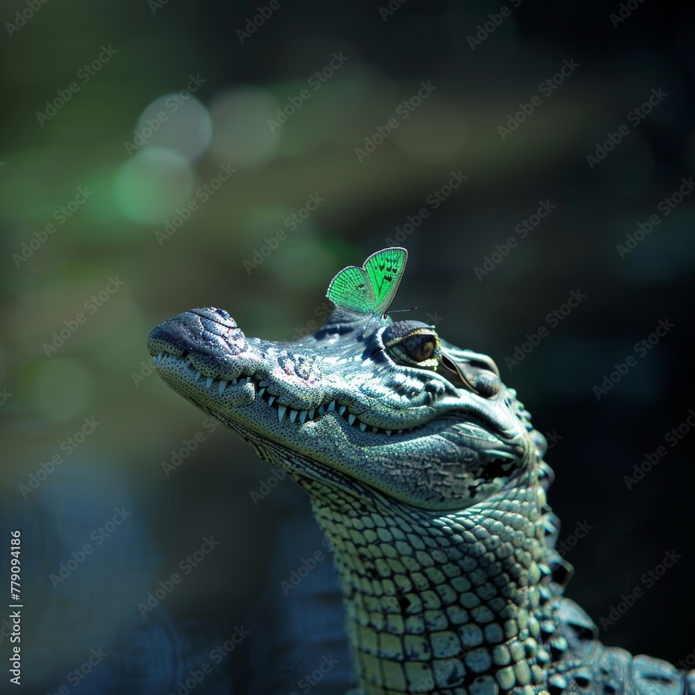 Young alligator in aquatic vegetation and butterfly Concept ...