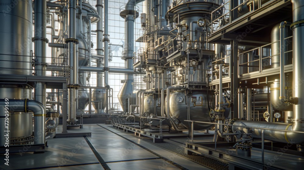 A bustling chemical engineering pilot plant with distillation columns ...