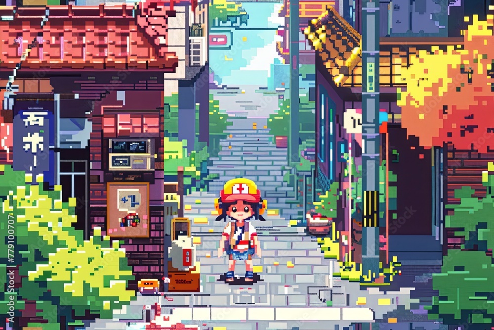 Charming animations of cute pixelated character in vibrant activity. AI ...