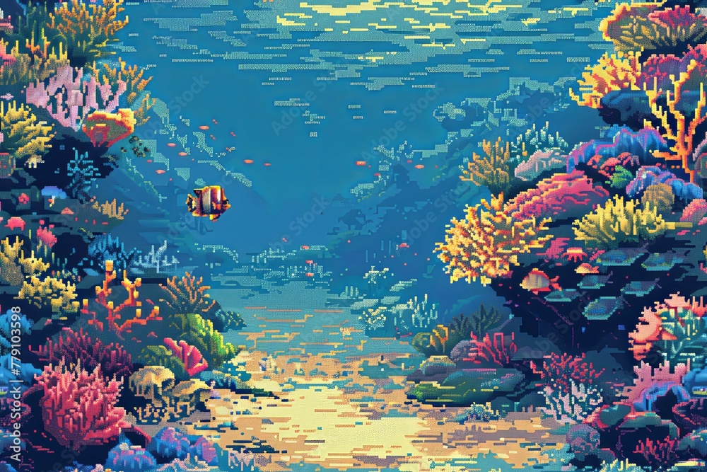Mesmerizing underwater scene depicted in pixelated coral deep sea ...