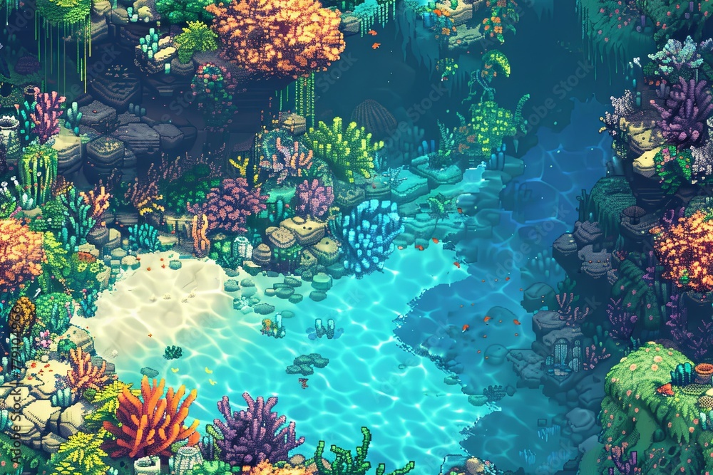 Pixelated coral deep sea landscape revealing the mesmerizing underwater ...