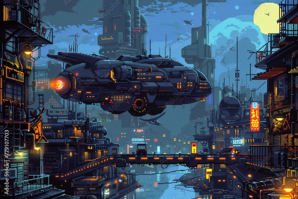 2d pixel art of flying cyberpunk vehicle at night ,cyberpunk city at ...